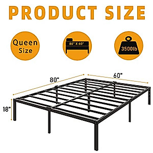 Kilyssa 18 Inch Queen Bed Frame, 3500lbs Heavy Duty Steel Slats Support Metal Platform Bed Frames Noise Free No Box Spring Needed,Black