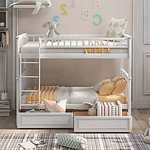 Bunk Beds Twin Over Twin with Drawers, Solid Wood Bunk Beds with Ladder for Boys Girls Teens Adults, White