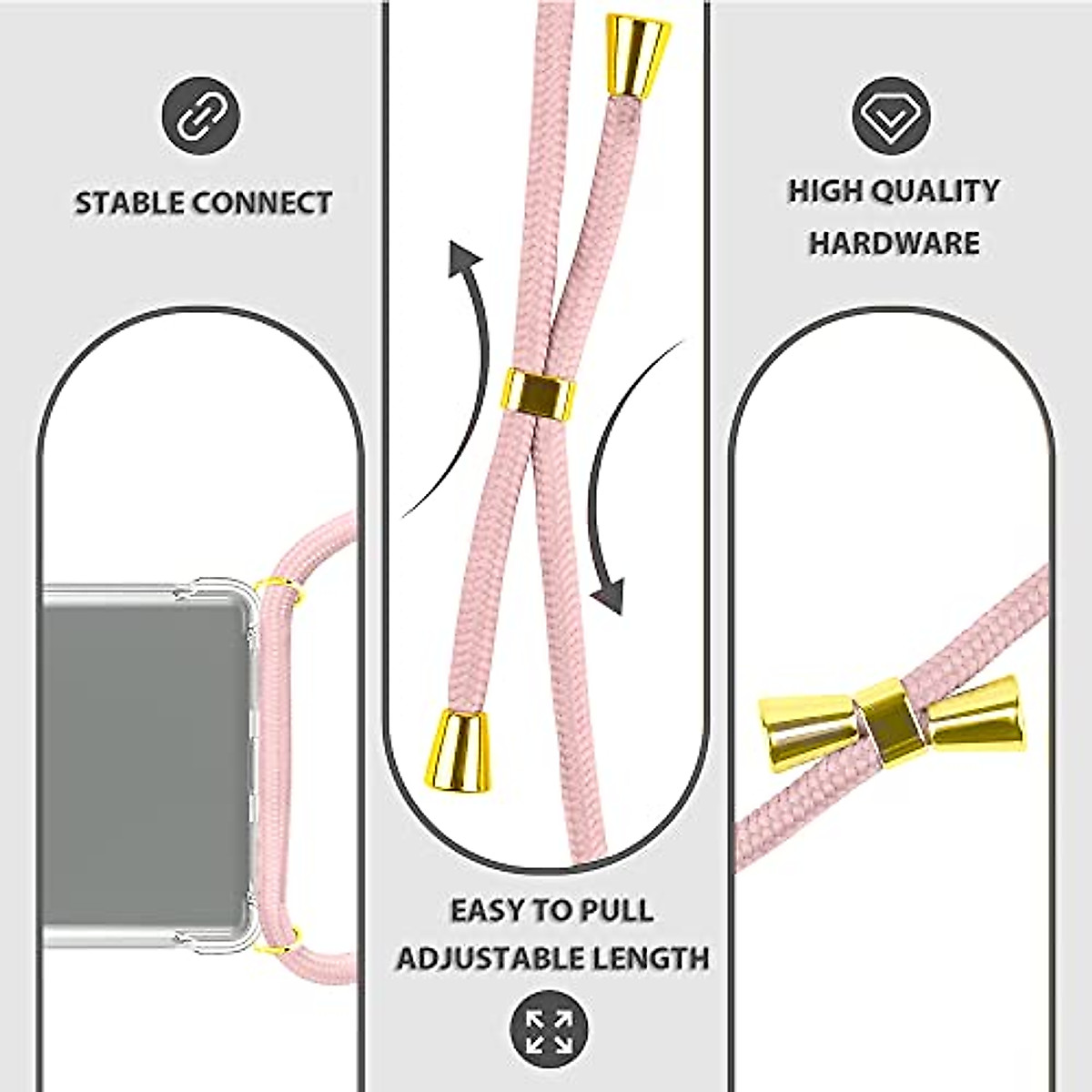 YESPURE Crossbody Case for Google Pixel 7 Clear Soft TPU Anti-Yellowing Anti-Scratch Shockproof Protective Phone Cover Case with Adjustable Lanyard Neck Strap for Women Girls - Rose Gold