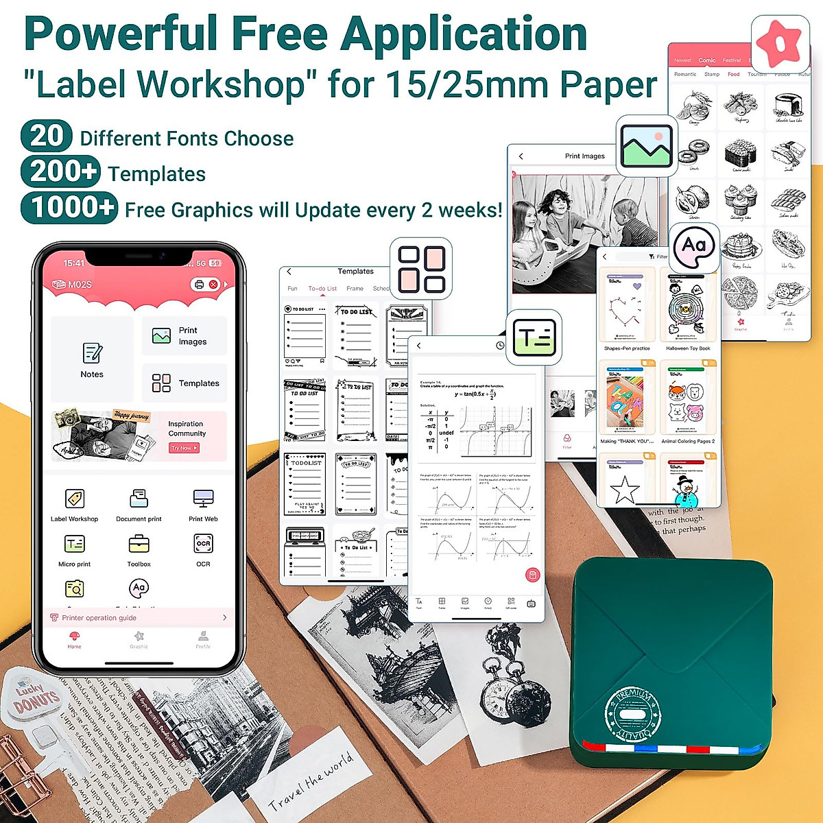 Bluetooth Mini Thermal Printer 300 DPI, Wireless Mini Pocket Printer, M02S Mini Inkless Sticker Printer, Print Pod, Mini Printer Sticker Maker with 6 Rolls Thermal Paper for Study Notes, Gifts