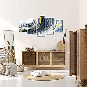 HW Hongwu Wall Art Canvas Abstract Print Picture 60x30 inch Blue Graffiti Paintings Gold Foil Line Artwork 5 Panels a Set for Living Room