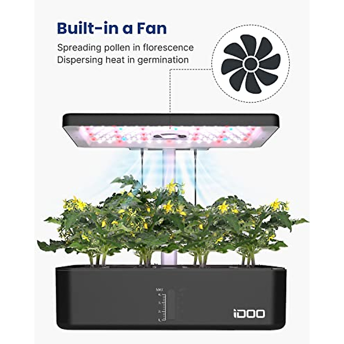 iDOO Hydroponics Growing System 12Pods, Indoor Garden with LED Grow Light, Plants Germination Kit, Built-in Fan, Automatic Timer, Adjustable Height Up to 11.3" for Home, Office