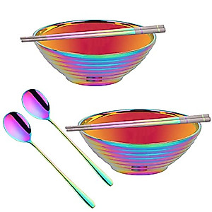 TUPMFG Ramen Noodle Bowl Sets: Stainless Steel Korean Bowls Large Metal Pho Soup Bowl with Chopsticks and Spoons Rainbow 2PCS