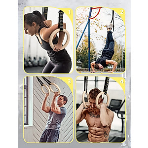 GHB Gymnastic Rings Wooden Gym Rings 1.25" Olympic Rings Adjustable Numbered Straps Pull Up Rings Sets for Workout Bodyweight Fitness Training
