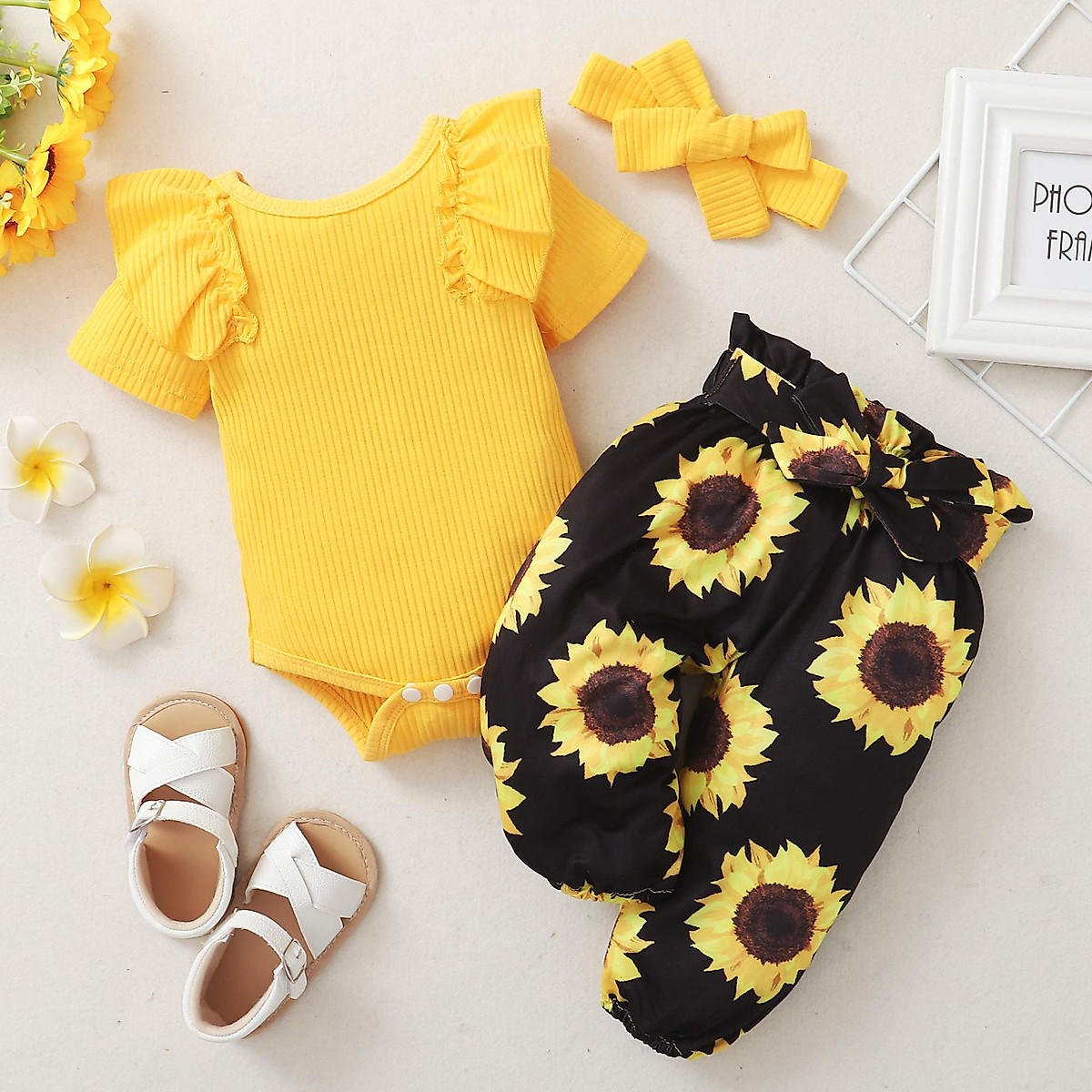 veikimous Infant Baby Girl Clothes Baby Girl Sunflower Outfits Ruffle Romper Long Floral Pants Cute Baby Clothes Girl Yellow 3-6 Months
