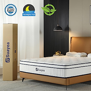 SUAYEA Queen Mattress, Queen Size Mattress in a Box, Medium Firm Matterss with Pocket Spring and Soft Foam, Ultimate Motion Isolation, Strong Edge Support, 10 Inch Queen Size Hybrid Mattress