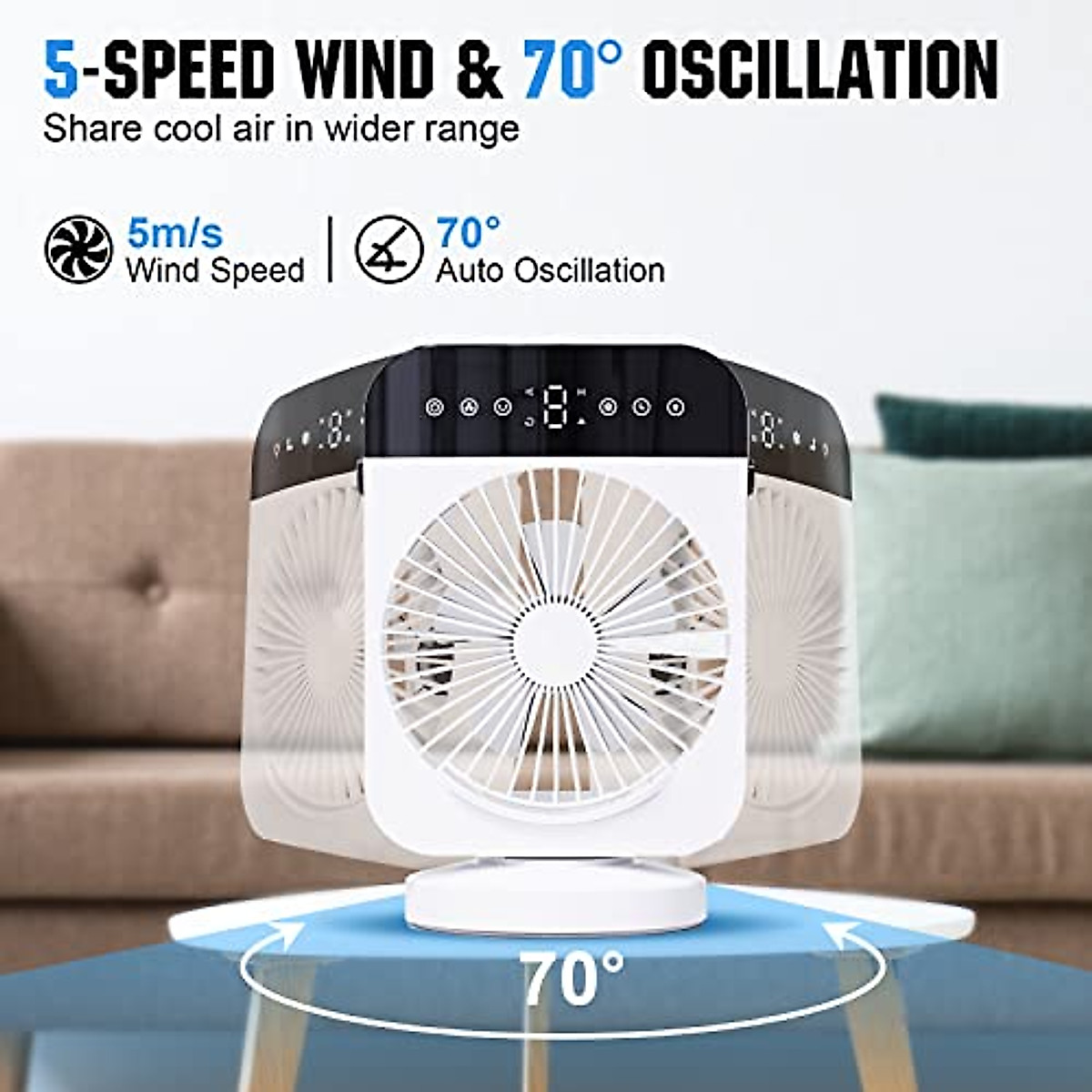 YOUNGTREE Portable Air Conditioner Fan, 5 Speeds Quiet Personal Mini Evaporative Air Cooler with Auto Rotation 70 °,8 Colors LED AC Desk Air Cooling Fan for Car Bedroom Camping