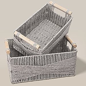 Storage Basket with Handle, Large Rectangular Wicker Basket for Organizing, Decorative Wicker Storage Basket Woven Basket Organizers for Living Room, Set of 2…