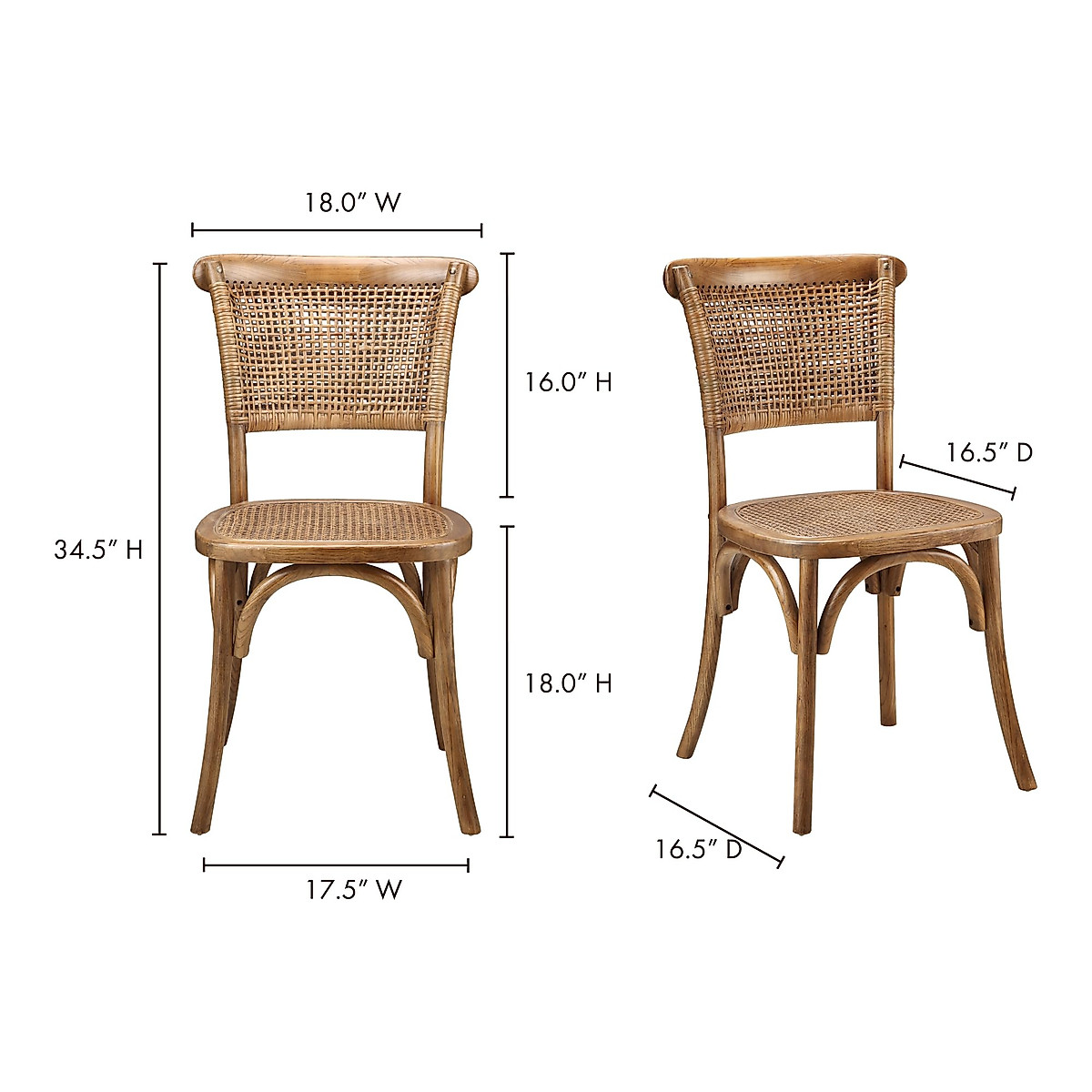 NADAAL STUDIOS Winston Dining Chair, Solid Elm with Rattan Cushioning, Light Brown- Set of Two