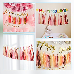 Andiker 15Pcs Tissue Paper Tassels, Shiny Tassel Garlands Banner Table Decor for Birthday Wedding Baby Bridal Shower Party Decorations (Pink)