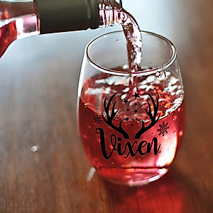 ArogGeld Vixen Reindeer Names Snowflake Wine Glasses Funny Winter Christmas Decorations Stemless Wine Glass 15oz Printing Wine Glass For Party Birthday Xmas Christmas Thanks Gift To Woman Girl