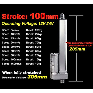 Electric Heavy Duty Linear Actuator Motor DC 12V 24V 50mm - 800mm High Speed/Low Speed Max. 2000N Waterproof IP65 Electric Stand Lifting Rod(60mm/s-250N(25KG),12V-100mm)