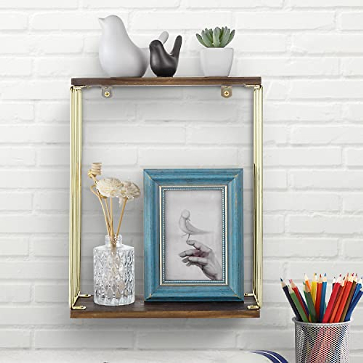 MyGift 2 Tier Modern Brass and Burnt Wood Floating Shelf, Decorative Shadow Box Wall Shelf