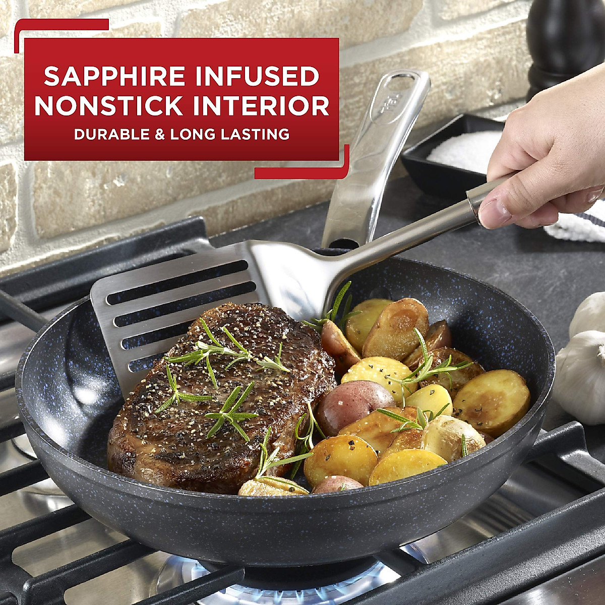 T-fal HeatMaster Nonstick Sauté Pan 12 Inch Induction Oven Broiler Safe 500F Cookware, Pots and Pans, Dishwasher Safe Black and Blue