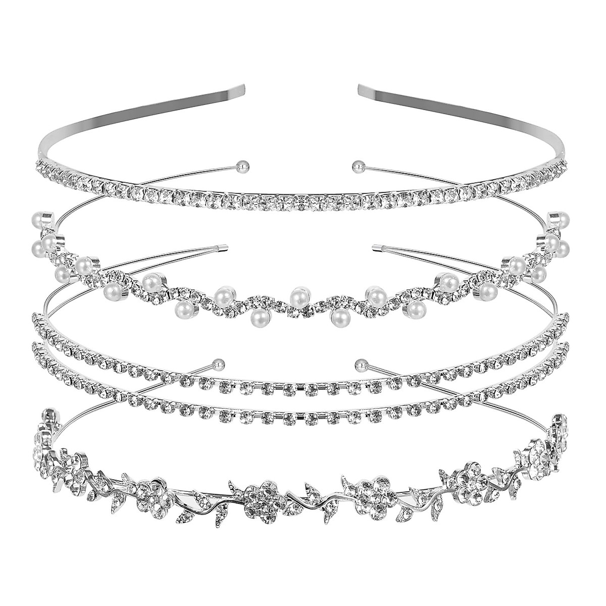 4Pack Bridal Headband Rhinestone Headbands Crystal Flower Girl Leaves Crown Head Band Tiara Wedding Hair Accessories, Silver