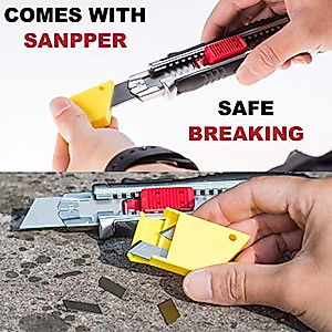 Kutir Retractable Box Cutter Utility Knife - Easy Self Loading Zinc-Alloy Heavy Duty Carpet, Rope, Cardboard Comfortable Handle Knive, 4 Sharp Rust Proof Razor Snap-Off Blades Set - Metal Safety Lock