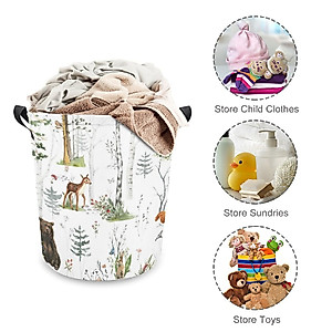 Woodland Animals Laundry Basket,Collapsible Clothes Hamper Waterproof Forest Fox Bear Deer Storage Basket with Handle Kids Room Jungle Deer Laundry Hamper with Drawstring