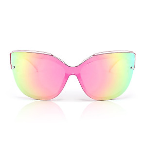 FEISEDY Cat Eye Sunglasses Polarized for Women Men，Rimless Mirrored Sunglasses, Oversized, Trendy Retro Sun Glasses B2796 Transparent Pink/Pink Mirror