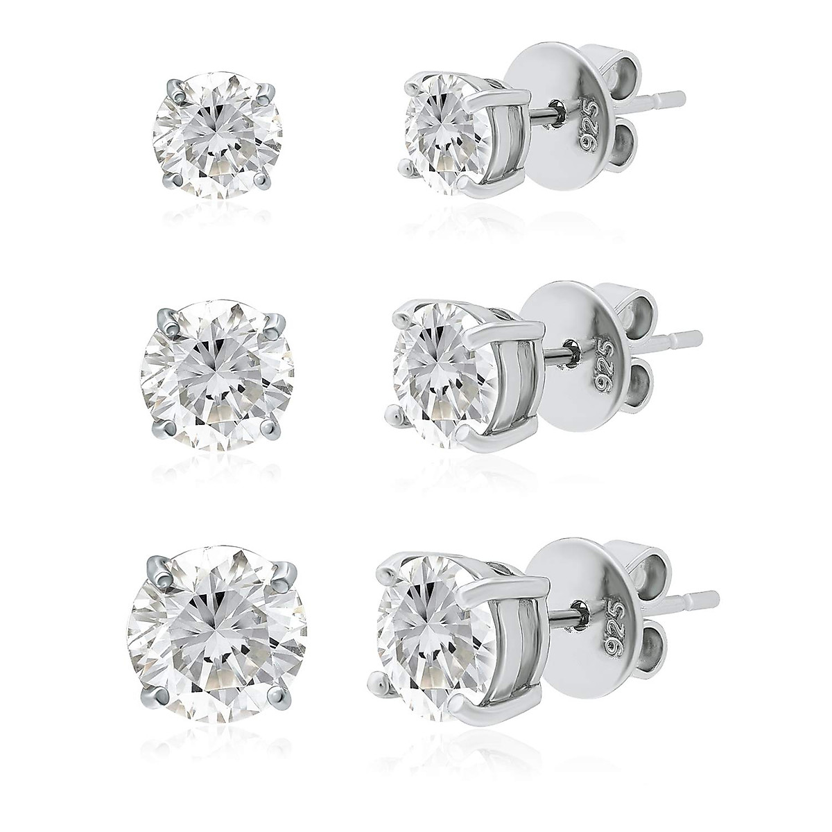 Michael Zweig 14K Solid Gold Posts 925 Sterling Silver Stud Earrings 3pc Set Cubic Zirconia 3.0mm, 4.0mm, 5.0mm, Diamond Carat Weight, 1.75 cttw