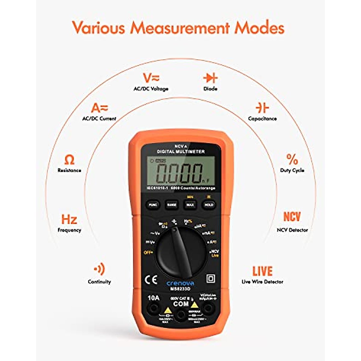 Crenova MS8233D Digital Multimeter 6000 Count Auto-Ranging DC AC Voltmeter Ohm Volt Amp Tester for Voltage Current Resistance Capacitance Continuity Diode Duty-Cycle Frequency NCV Live Wire Test