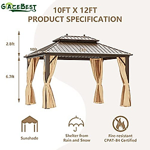 GAZEBEST 10'x12' Hardtop Gazebo Outdoor Aluminum Patio Gazebo Double Roof Galvanized Steel Gazebo Canopy with Netting and Curtains,for Garden Patio,Patio Backyard,Deck and Lawns