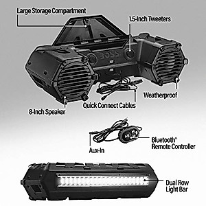 BOSS Audio Systems ATVB95LED UTV ATV Speakers - Weatherproof, ATV Soundbar, 8 Inch Speakers, 1.5 Inch Tweeters, Amplified, Wired Remote for Bluetooth Connectivity, LED Light Bar, Storage Compartment