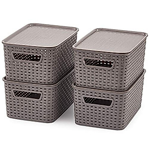 EZOWare Set of 8 Lidded Storage Bins, Large Plastic Stackable Weaving Wicker Basket Box Containers with Lid and Handle, (15.4" x 10.5" x 6.7" + 11" x 7.3" x 5.1")