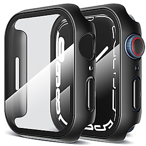 LK 2 Pack Hard PC Case with Tempered Glass Screen Protector Compatible for Apple Watch Series 9/8/7 45mm, Touch Sensitive, HD Ultra-Thin, Full Protective Cover for iWatch 9/8/7 45mm, Black