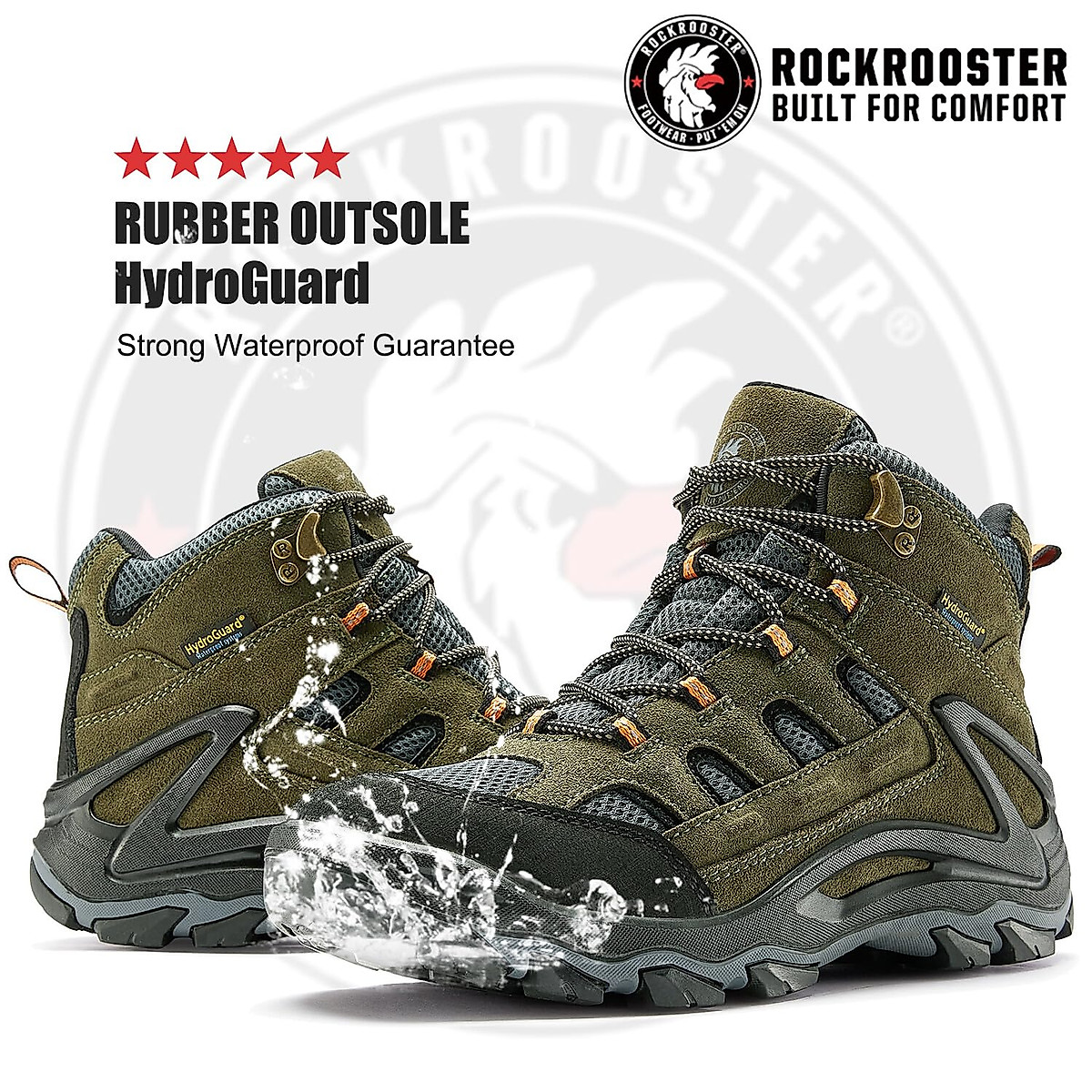 ROCKROOSTER Newland Mens Hiking Boots, 6'' Waterproof Suede Leather Trekking Boots, Non-Slip Ankle Support Outdoor Boots, Anti-Fatigue, Comfortable, Shock Absorption(KS5536 US 8)