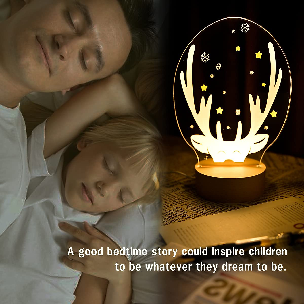 MYTH REALM Elk Rechargeable 3D Illusion Night Light with Beech Stand, LED Decoration Lamp, 4 Options Gifts for Kids Friends Family(Elk)