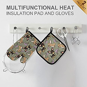 Oven Mitts and Pot Holders Set High Insulated Oven Gloves with Heat Insulation Pad Cute Chihuahua Flower Soft Cotton Lining and Non-Slip Surface Kitchen Mitten for Safe BBQ Cooking Baking