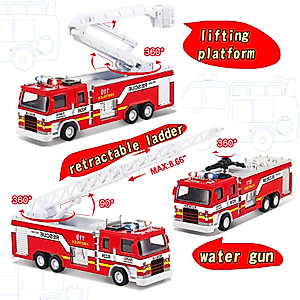 CORPER TOYS Toy Fire Truck, 3 Pack Firetruck Toys Set with Extending Rescue Rotating Ladder Water Gun Lights and Siren Sounds, Pull Back Alloy Car Toys for Toddlers Boys Girls Kids Gift