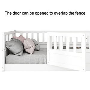 ECKF Twin Size Montessori Floor Bed with High Fence, Door and Slats, Wood Kids Bed Twin Size, Floor-Bed-Frame for Bedroom, Toddlers, Boys Girls, Kids Playroom (White, Twin)