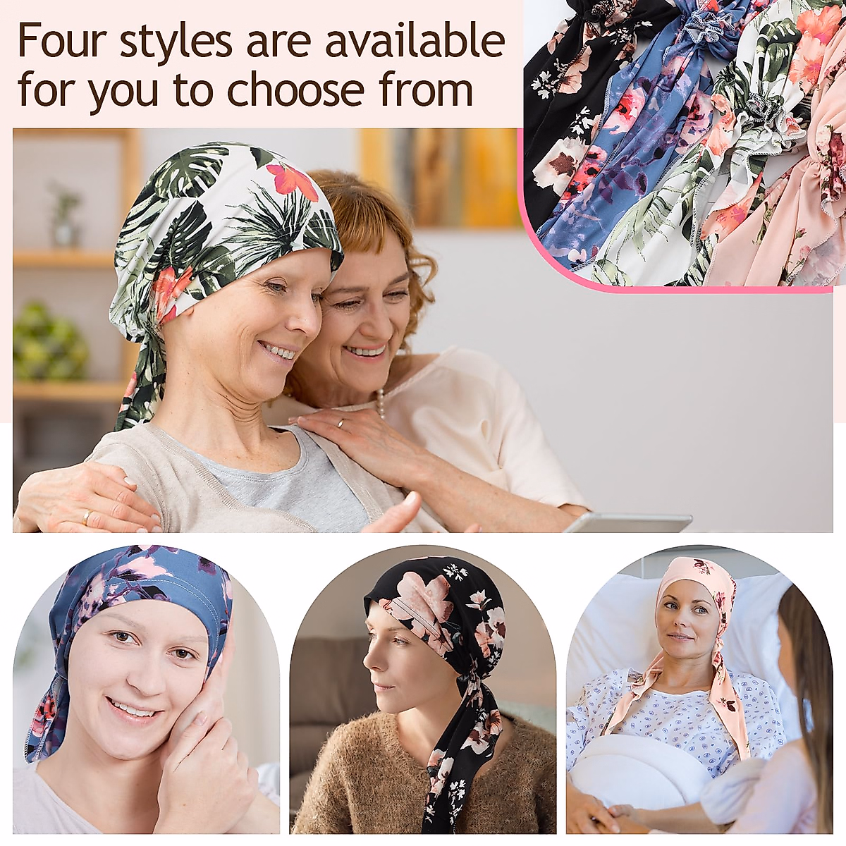 Halfchet 4 Pieces Chemo Headwear for Women Cancer Hats Pre Tied Chemo Caps Soft Cotton Elastic Head Scarf for Cancer Patients (Floral Pattern)