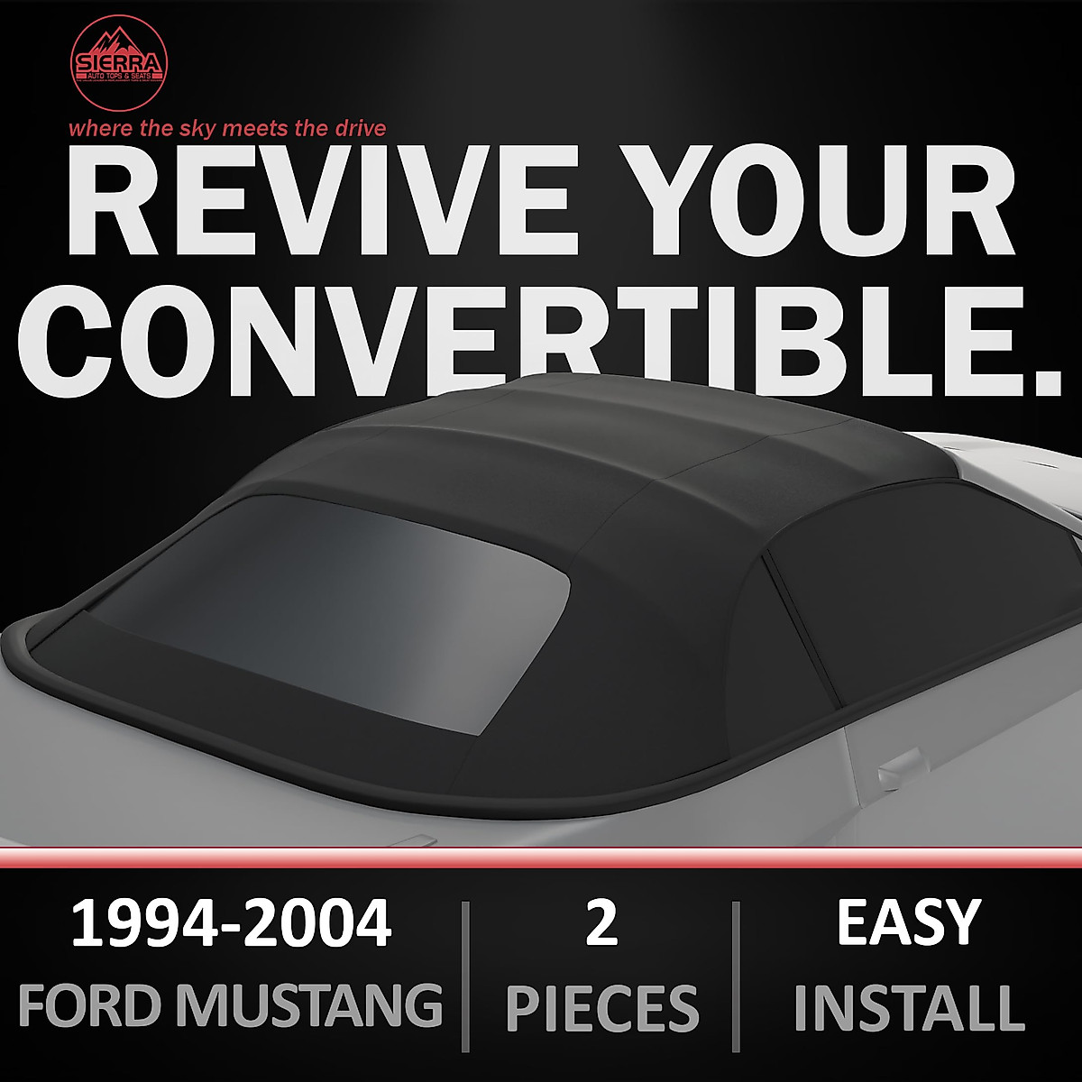 Sierra Auto Tops Replacement Convertible Soft Top with Heated Glass Window, fits Ford Mustang models 1994-2004, Premium Grade Sailcloth Vinyl, Black