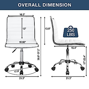 BOSSIN Adjustable Home Office Chair, Mid-Back Armless Ribbed Swivel Task Chair,Vanity Chair for Small Space, Living Room, Make-up, Studying (White)