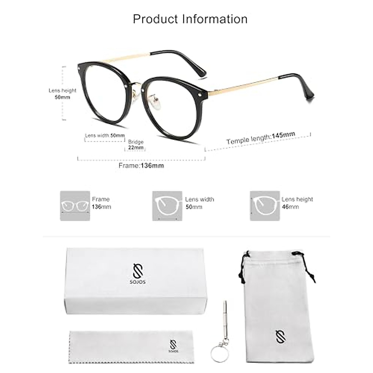 SOJOS Retro Round TR90 Blue Light Reading Glasses Womens Mens Readers Computer Glasses Eyewear Frame SJ9001, Black Frame 0.00 x
