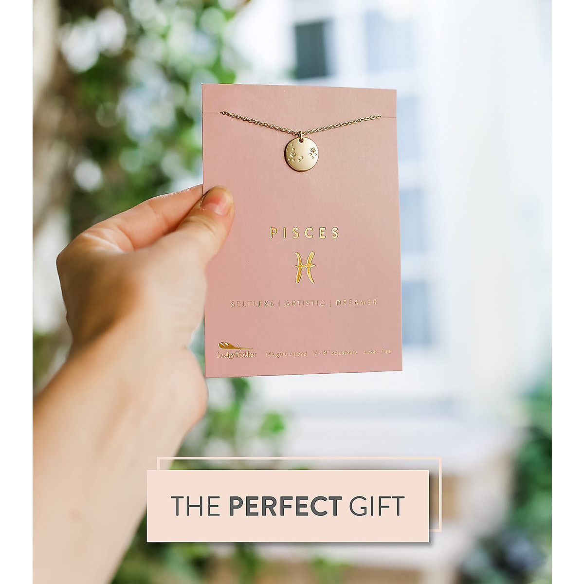 Lucky Feather Pisces Zodiac Sign Constellation Pendant Necklace for Women, 14K Gold-Dipped with Adjustable 16” – 18” Chain