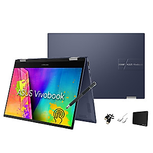 ASUS VivoBook 14 inch 2-in-1 Laptop, HD Touchscreen, Intel Celeron N4500, 4GB RAM, 64GB eMMC + 512GB SSD, NumberPad, Windows 11, 1-Year Microsoft 365 Personal, Quiet Blue with Accessories