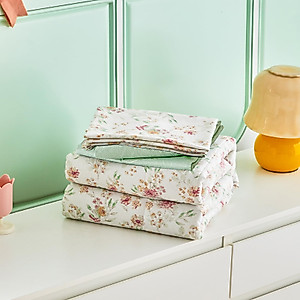 Joyreap 4 Piece Cotton Toddler Bedding Set for Girls, Pink Flowers on White Design, Soft Breathable Cotton Toddler Comforter Set, Includes Quilted Comforter, Fitted Sheet, Top Sheet, and Pillow Case