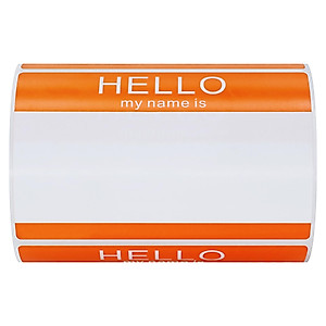 Hycodest Hello My Name is, Sticker Writing Stickers Easy Peel and Stick Badges Sensitive Name Tag 3.5"x2.35", 200 Pcs (Orange)