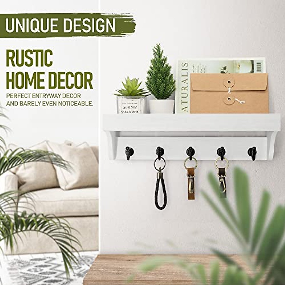 Rebee Vision Key and Mail Holder for Wall with Floating Shelf : Decorative Hanging Organizer with 5 Sturdy Keys Hooks and Wall Mount Key Rack - Farmhouse Entryway Décor (Modern White)