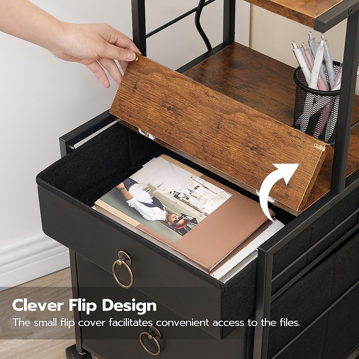 HOOBRO 2-Drawer File Cabinet, Filing Cabinet with Charging Station, Vertical Office Cabinet with Open Storage Shelf, Printer Stand, A4/Letter Size, Nonwovens Drawer, Rustic Brown and Black BFK23UWJ01