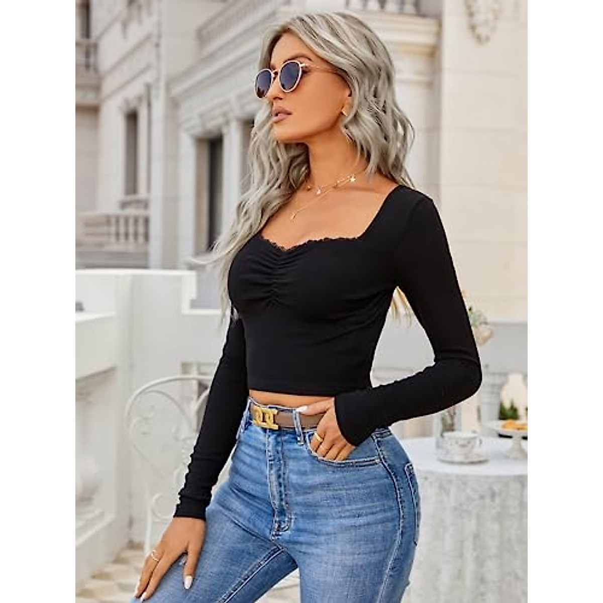 SOLY HUX Womens Long Sleeve Crop Tops T Shirts Ribbed Knit Lace Ruched Sweetheart Neck Casual Basic Fitted Tees Solid Black A S