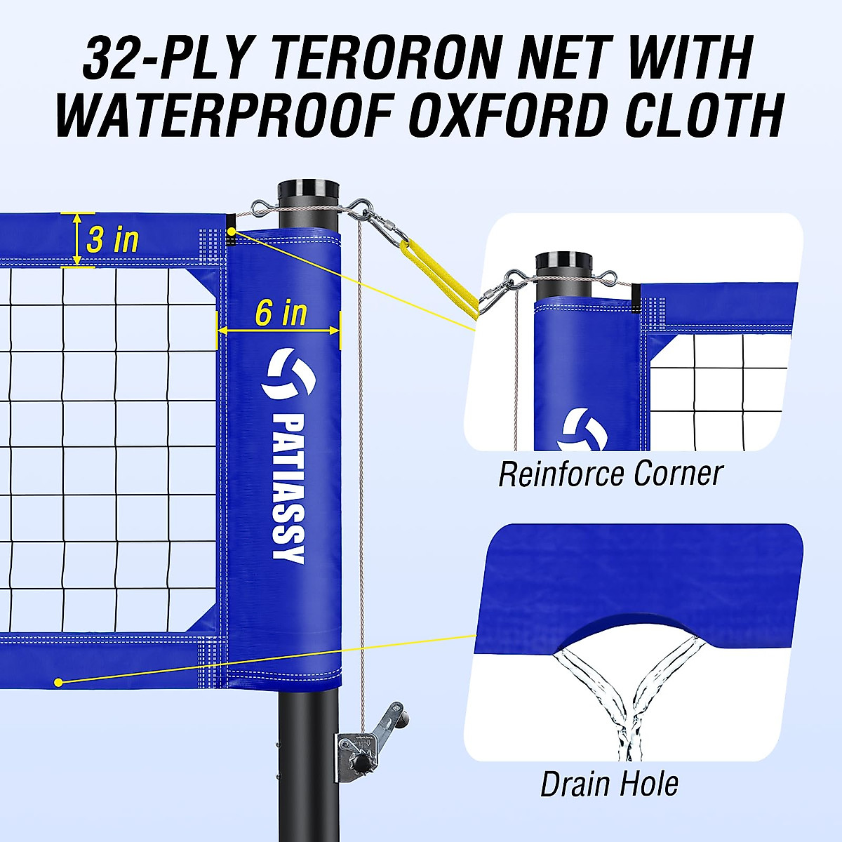 Patiassy Heavy Duty Portable Outdoor Volleyball Net with Steel Wire Rope and 2 Inch Boundary Professional Volleyball Set for Backyard with Adjustable Aluminum Poles, 10mm Guy Lines and Winch System