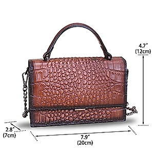 Genuine Leather Handbags for Women Retro Handmade Small Satchel Purse Luxury Top Handle Real Leather Embossed Design Crossbody Bag (Coffee)