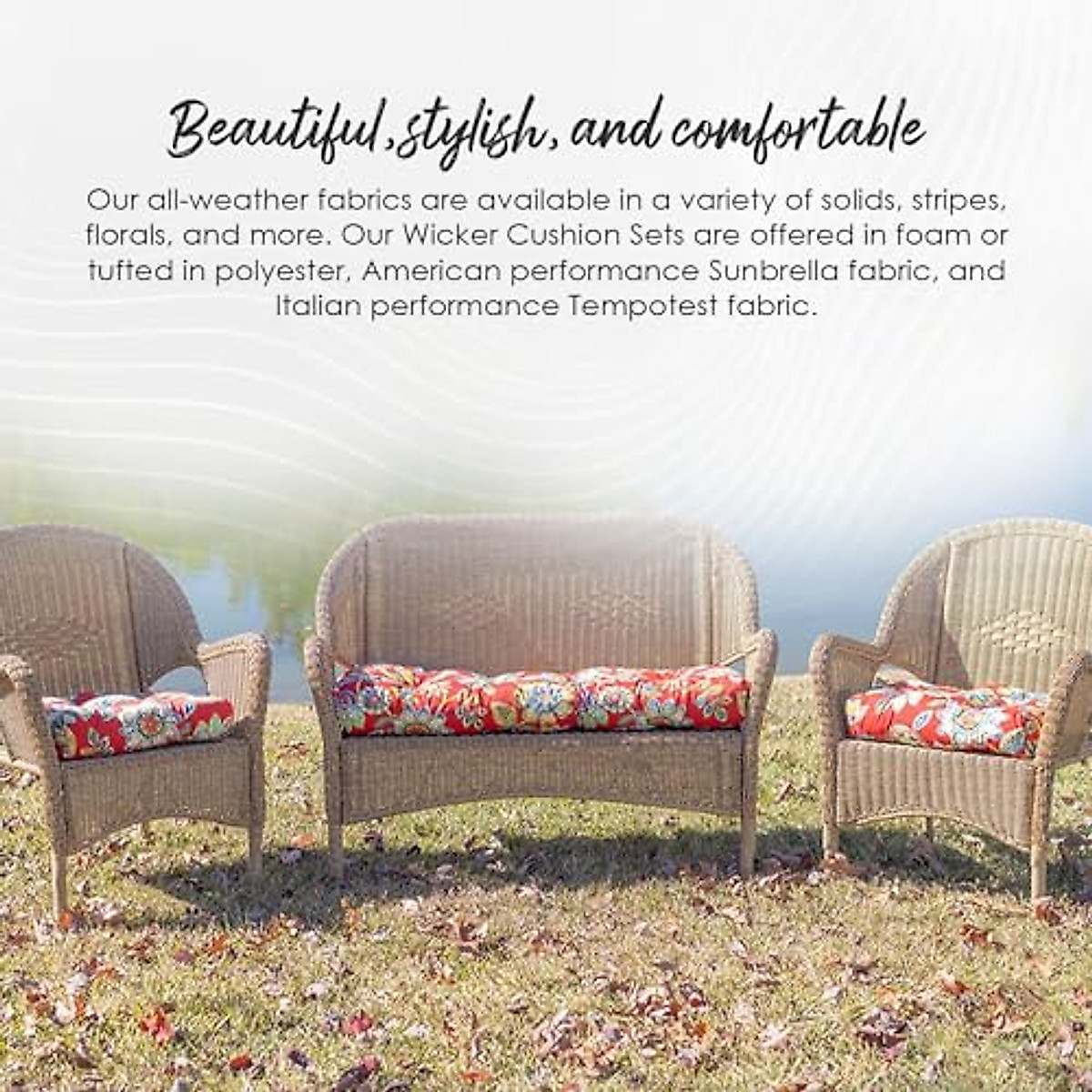 RSH DECOR Indoor Outdoor 3 Piece Tufted Wicker Cushion Set, Two U-Shape 19" x 19" and Loveseat 41" x 19" Daelyn Cherry Red with Blue Yellow, Green Floral