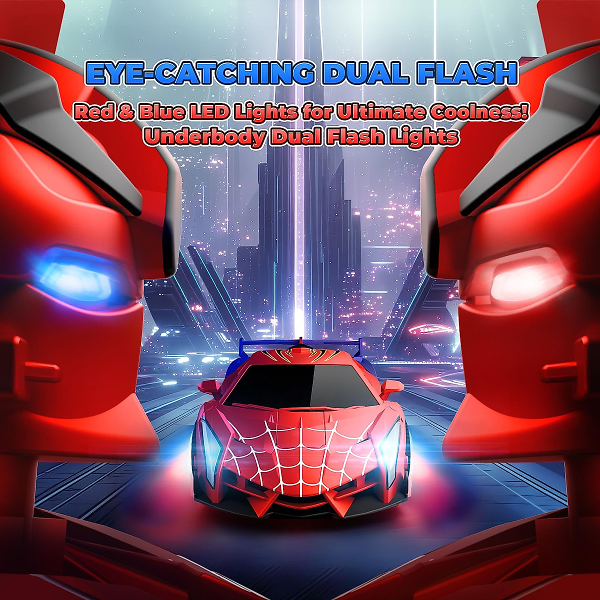 Spider Transform RC Cars Toys with Eye & Underbody Lights, 2.4GHz Remote Control Car One-Button Deformation, Fast 360°Rotation Robot Toys Birthday Gifts for 3 4 5 6 7 8 9 10 Year Old Boys Age 4-7 8-12