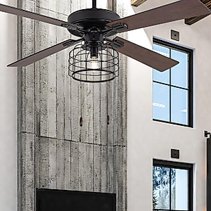 RIVER OF GOODS Industrial LED Ceiling Fan - 52" L x 52" W - Caged Ceiling Fan with Lights - Rich Barnwood/Black Fan Blades