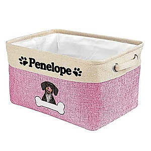 Personalized Dog Dachshund Bone Decorative Storage Basket Fabric Durable Toy Box with 2 Handles for Organizing Closet Garage Clothes Blankets Pink and White